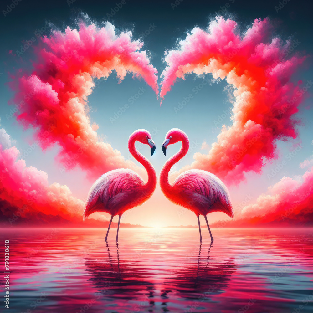 Generative AI the beauty of two loving flamingos, An affectionate and ...