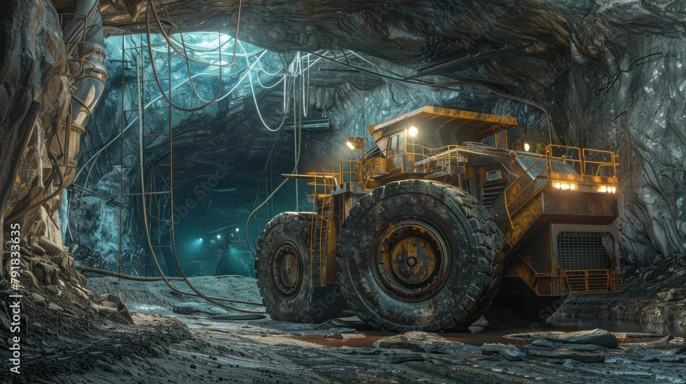 Huge backhoe truck inside an UNDERGROUND mine with high resolution and ...
