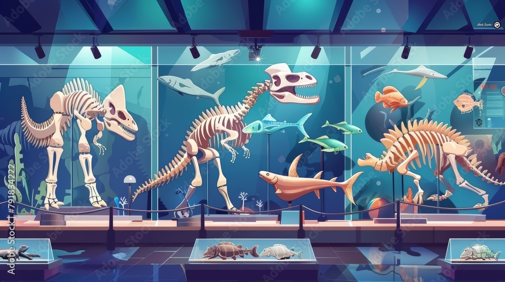 Animal skeletons in an ancient museum of paleontology cartoon image ...