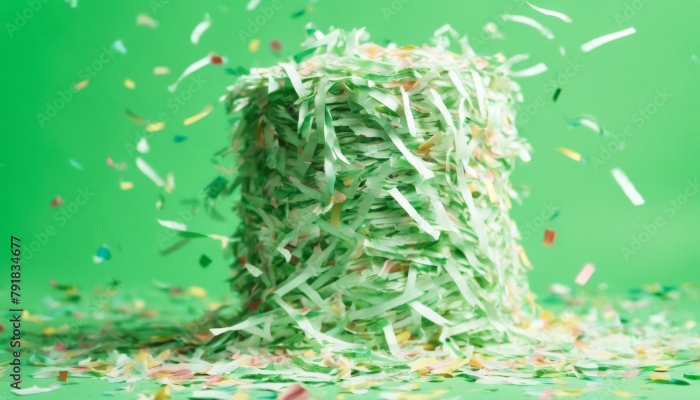 'Shredded green confetti light paper background. waste used pile line ...