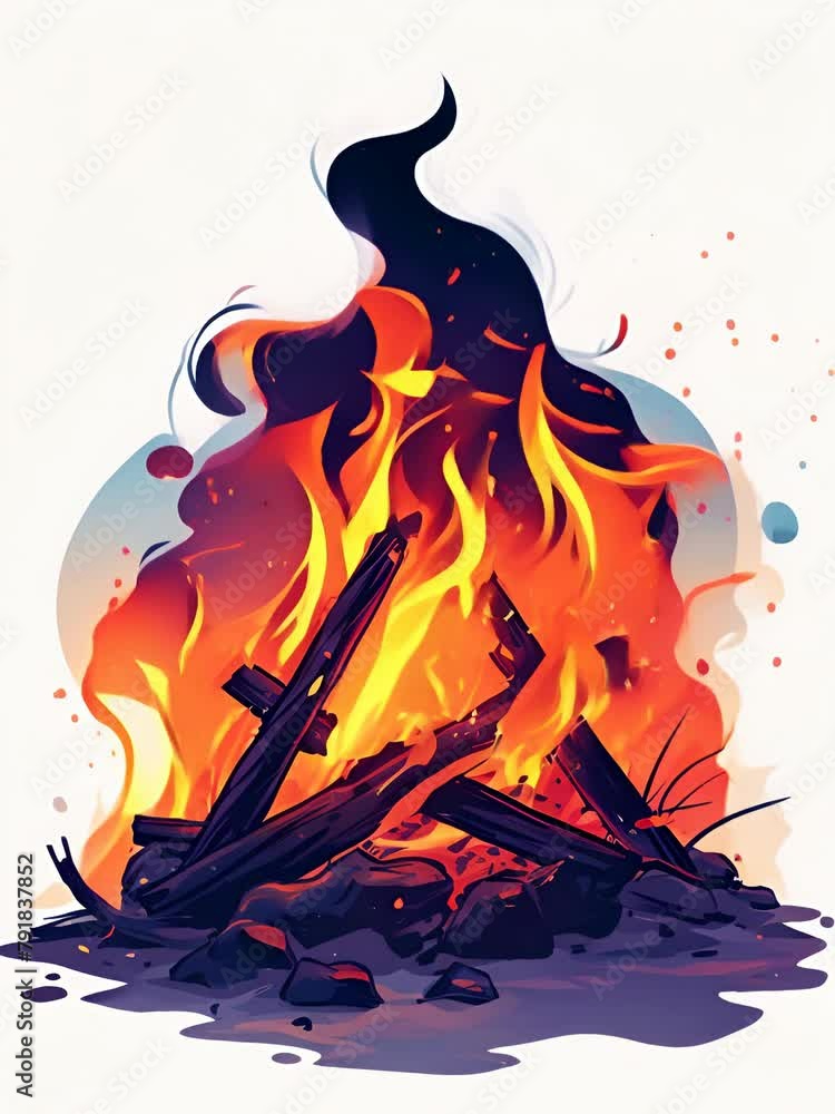 A digital painting of a campfire. The fire is made of logs and is ...