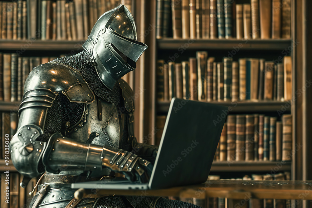 A medieval knight, armed with a laptop, explores a library, symbolizing ...