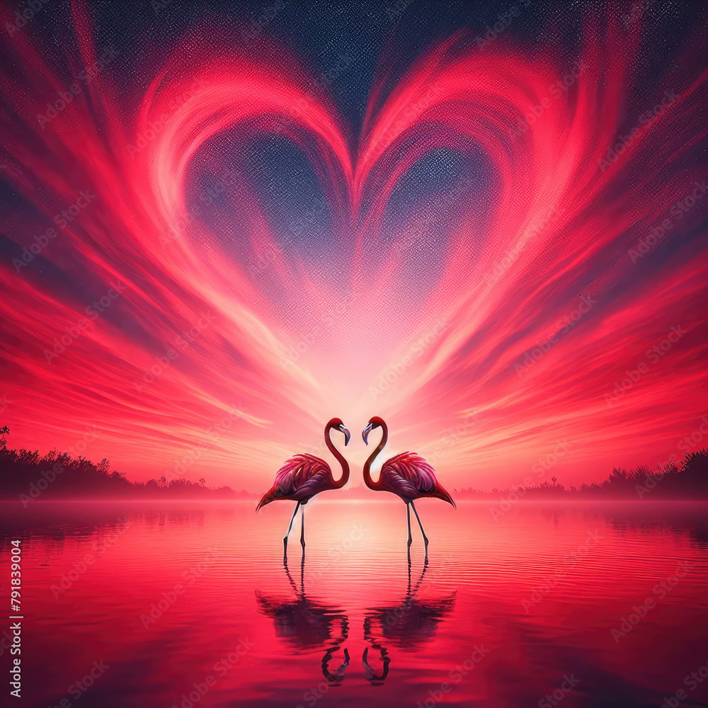 Generative AI the beauty of two loving flamingos, An affectionate and ...