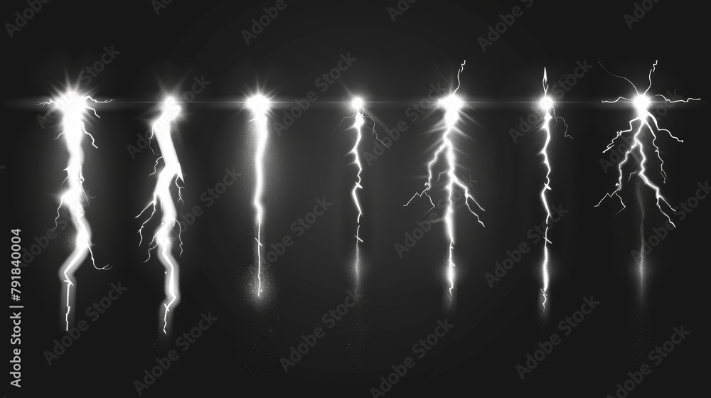 An isolated set of white lightning effects isolated on a transparent ...