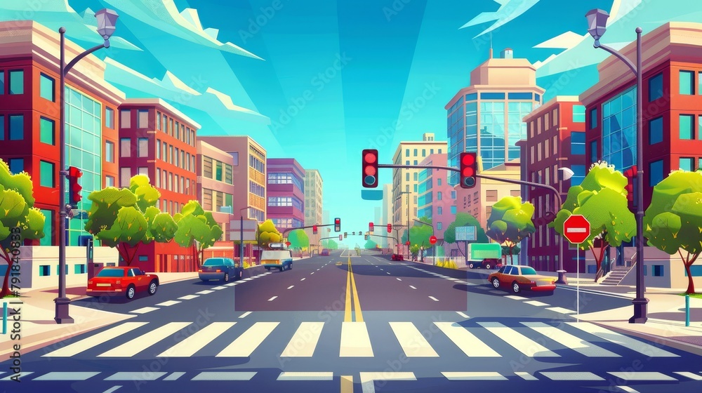 The summertime urban view, architecture, road infrastructure, buildings ...