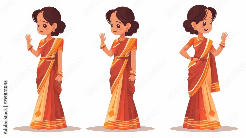Modern illustration of an Indian woman in sari making namaste gesture ...