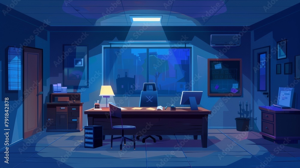 In a police department office at night, there is an empty dark room ...