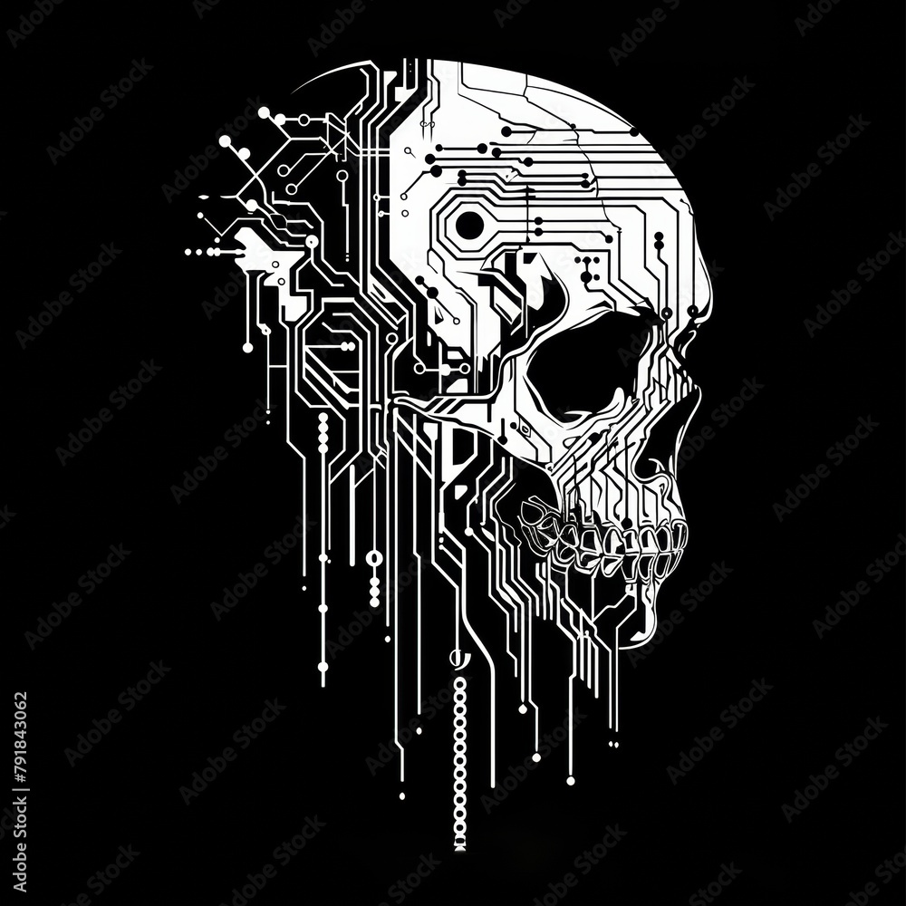 A skull with a bunch of wires coming out of it. The skull is surrounded ...