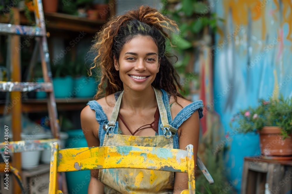 Smiling artist in a vibrant studio background with colorful paint ...