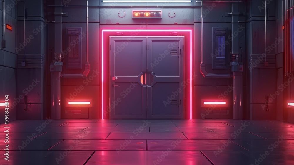 A dark room with metal doors and neon red lamps and a sliding doorway ...