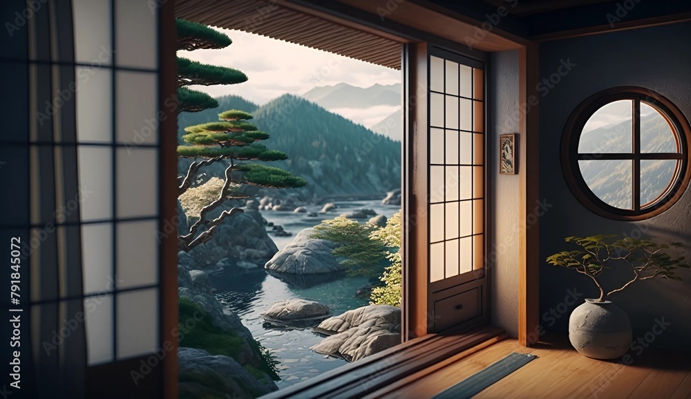 View of a Japanese garden through the door of an old Japanese house ...