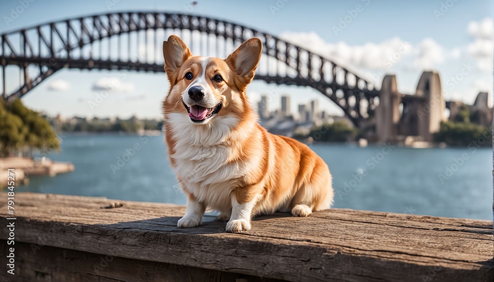 A Corgi dog sits posing on a wooden ledge at the waterfront under the ...