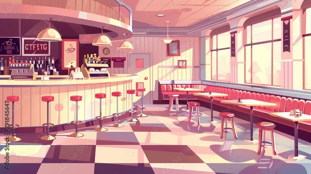 A retro restaurant with a bar counter, a vintage coffee shop with ...