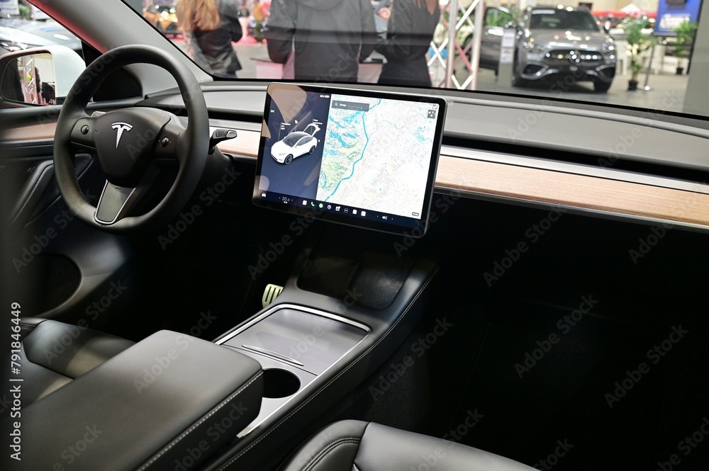interior view of full electric Tesla car cockpit Turin Italy April 20 ...