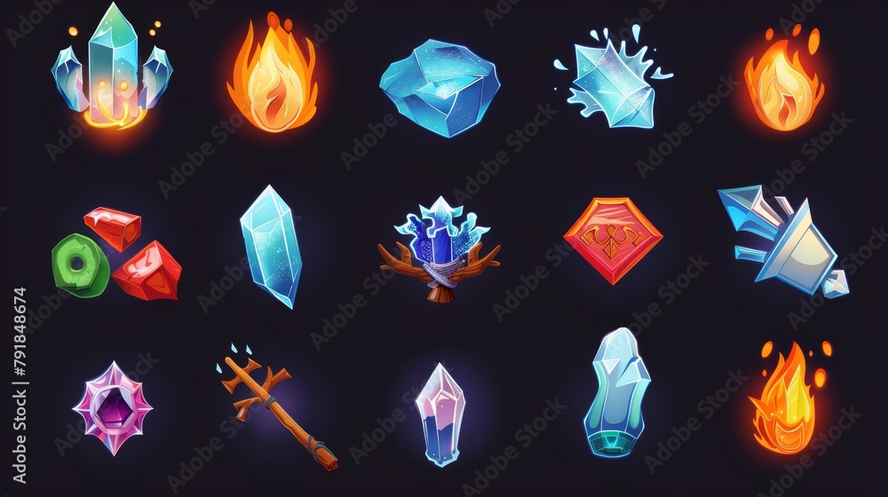 Icons of magic spells and game skills. Fantasy light and fire effects ...