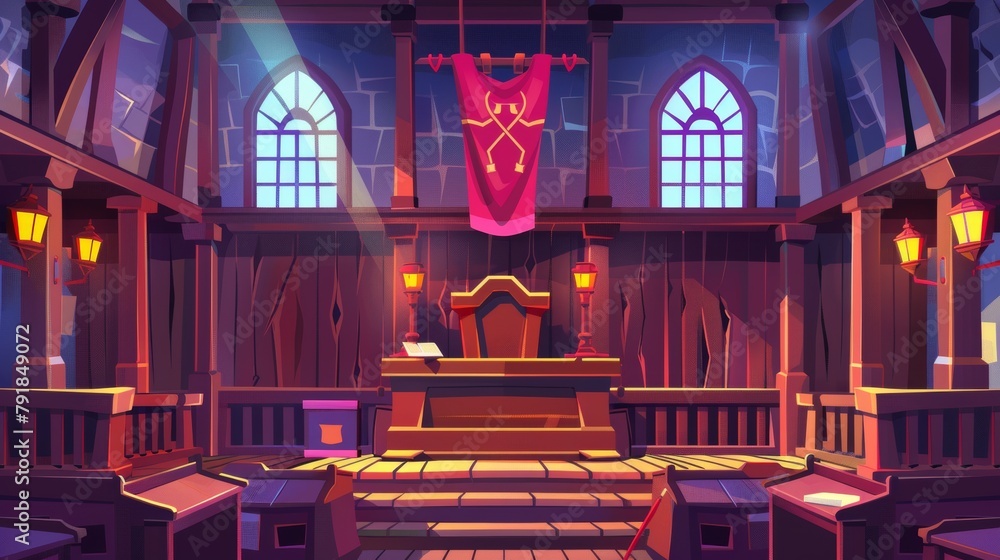A cartoon courtroom interior modern set. Lawyer desk, gavel and red ...