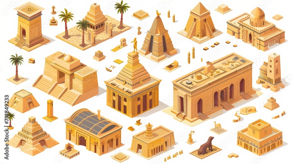 Modern building set with ancient Egyptian palace and fort. Isolated ...