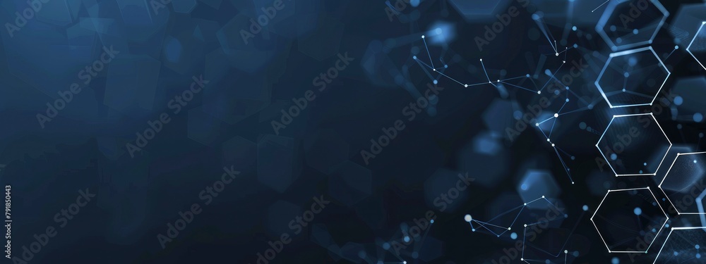 Dark blue background with white hexagonal technical elements and data ...
