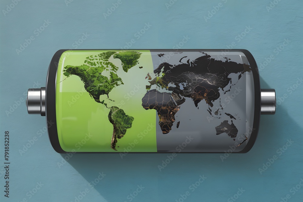 World map battery model, green and gray halves, continents visible ...