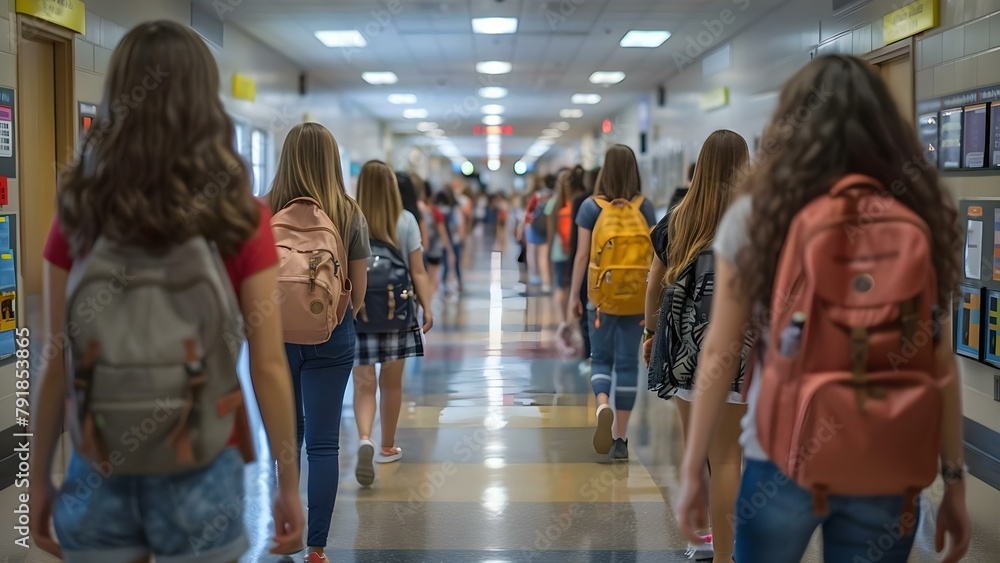 Busy high school hallway with students and staff during recess. Concept High school, hallway ...