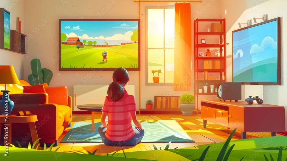 Playing video game on TV cartoon background. Gaming room with armchair ...