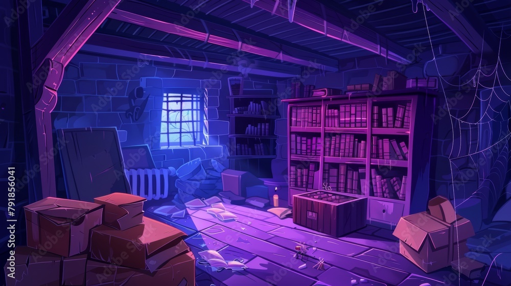 The abandoned old room with furniture and stuff. Modern cartoon ...
