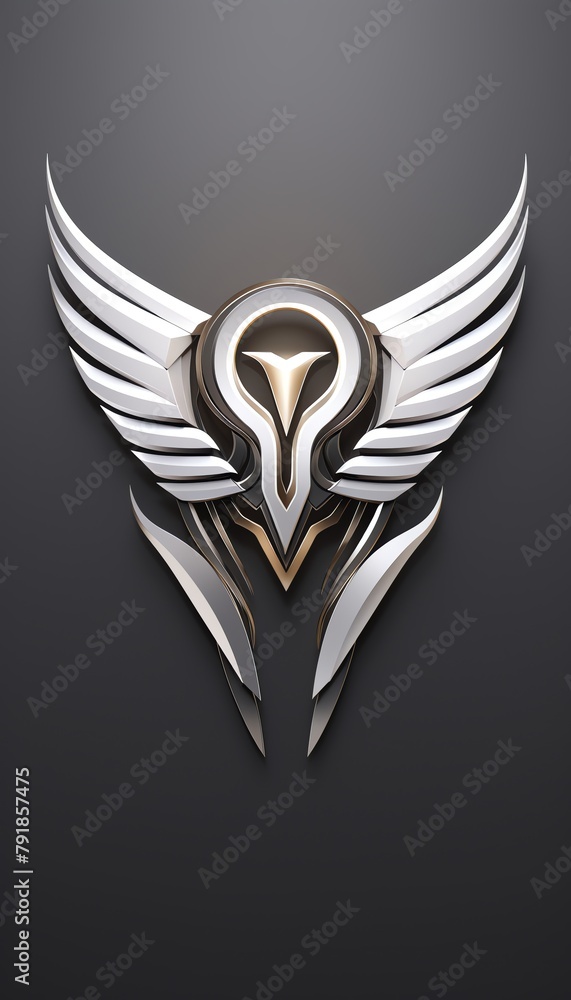 Sleek logo design featuring stylized Valkyrie wingsrendered in metallic ...