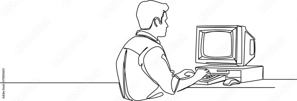 continuous single line drawing of man using old personal computer with ...