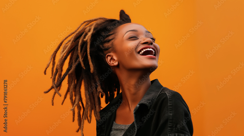 An African woman laughing heartily, her head tilted back and dreadlocks ...