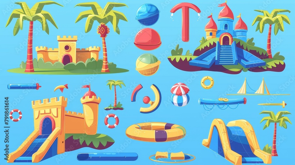 For amusement pool concept with castle and island with palm trees ...