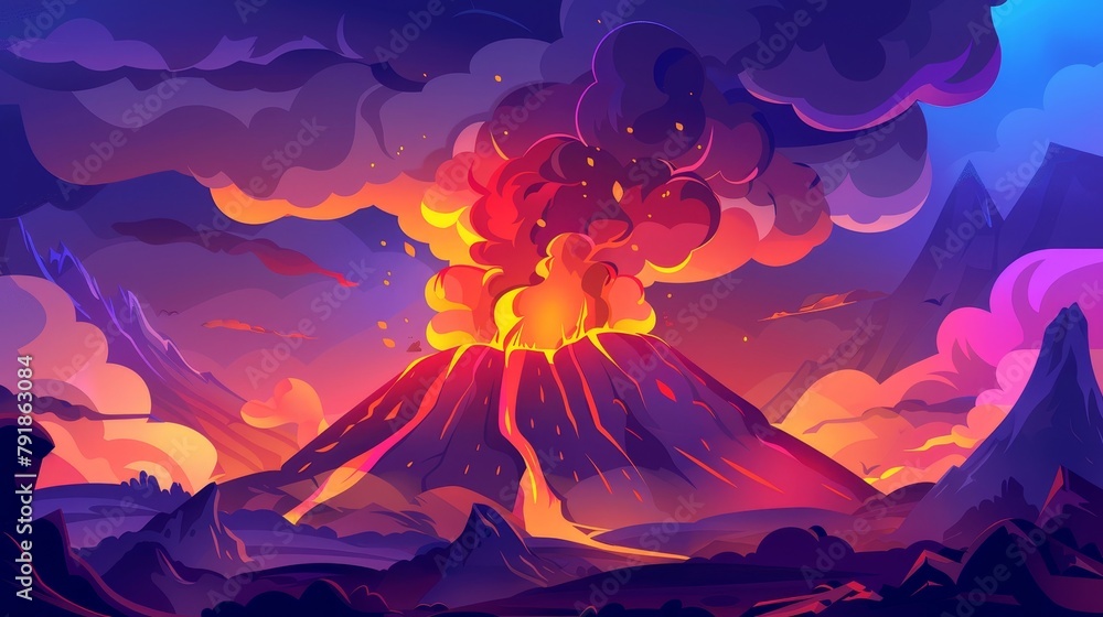 Volcano lava eruption modern cartoon background. Prehistoric volcanic ...