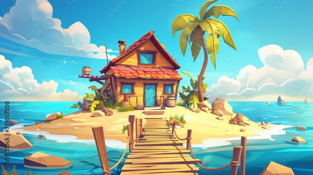 ภาพประกอบสต็อก Cartoon illustration of a fisherman's house on the beach ...