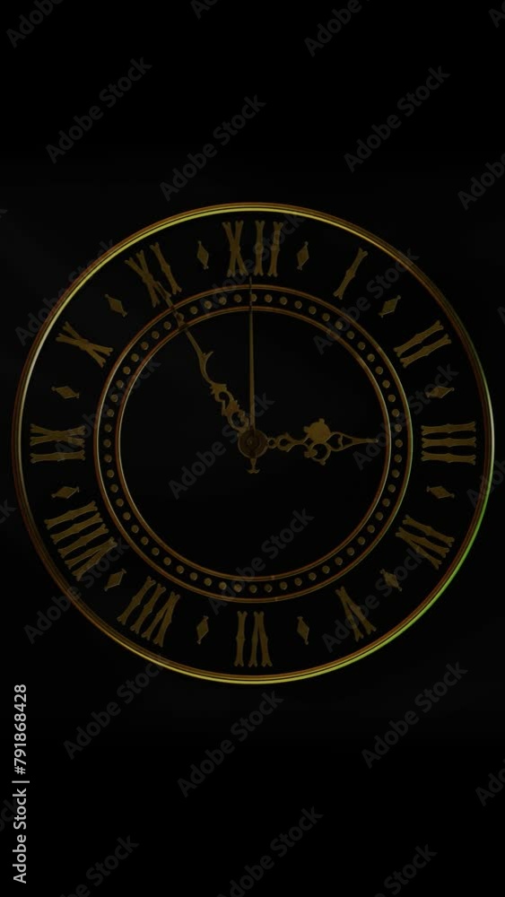 Vertical Golden Roman Numeral Clock on Black 4K Loop features a gold or ...