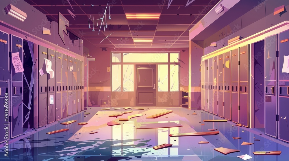 An abandoned school hall with broken lockers. Modern cartoon image. A ...