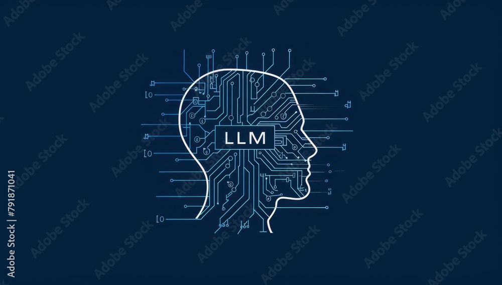 logo, futuristic style with text "LLM", simple line art of head ...