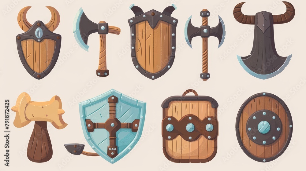The Viking tools and weapons game interface icons. Cartoonized ...