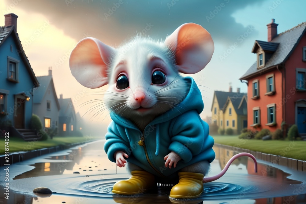 cute white mouse stands in a puddle in the rain and flood Stock ...