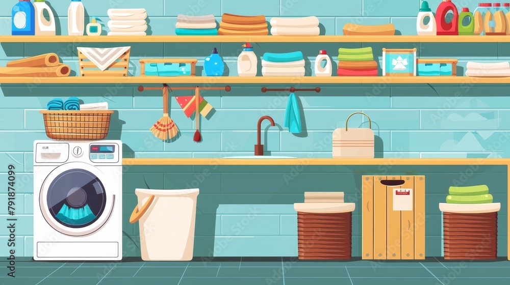 A basement laundry room interior with broom, a washing machine, a dryer ...