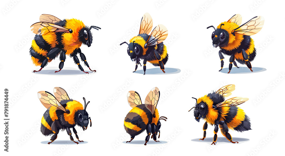 Set of honey bee stickers with different emotions and positions on a ...