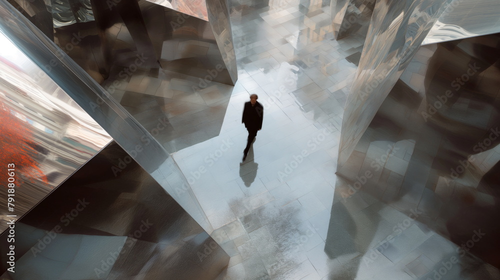 Aerial view, person walking, distorted liminal space upside down, Inception loop, labyrinth ...