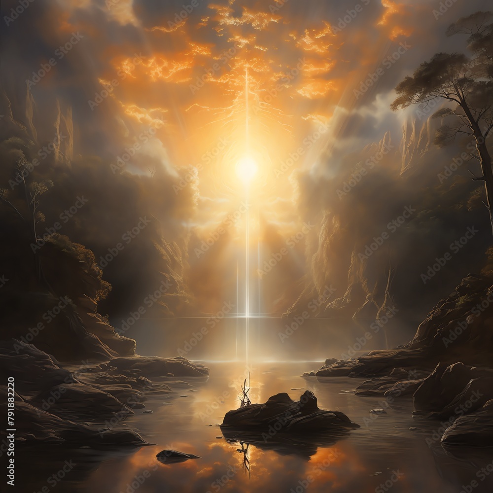 Ethereal scene depicting the Resurrection Glow, where soft, golden ...