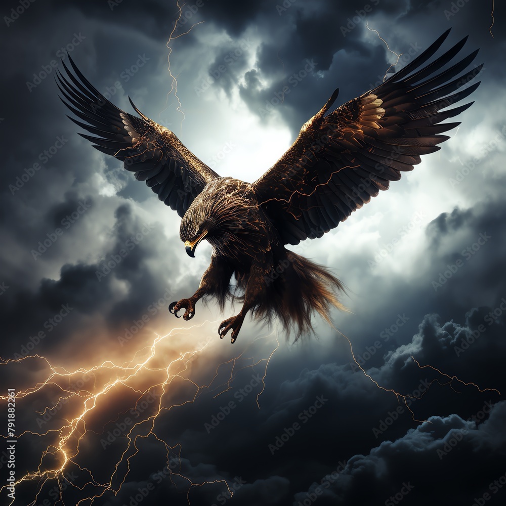 Imposing image of a Thunderhawk, a mythical bird, soaring through a ...