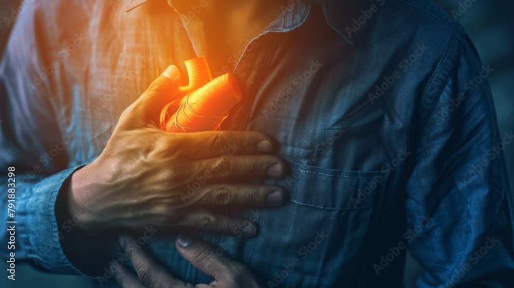 hand hold chest with heart attack symptoms, man working hard have chest ...