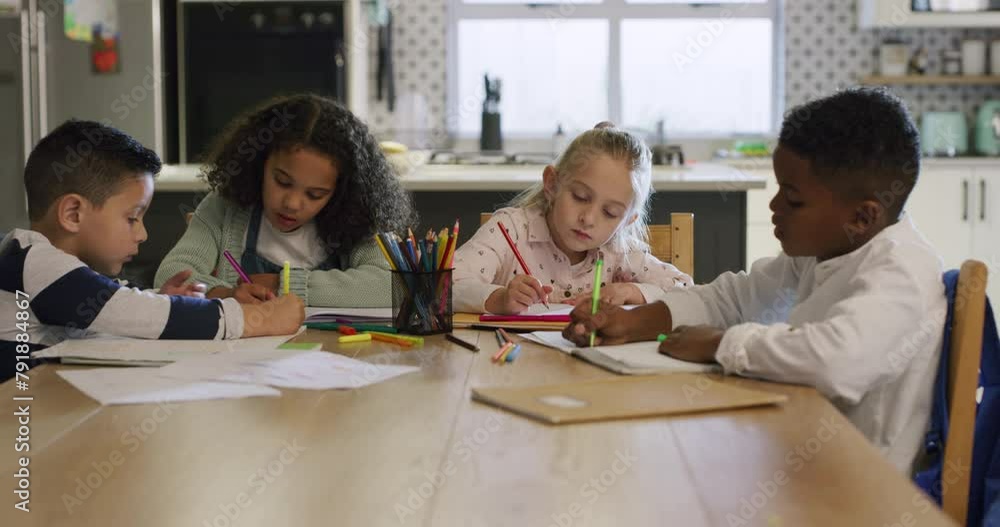 Group of children with books at table for homeschool, education and ...