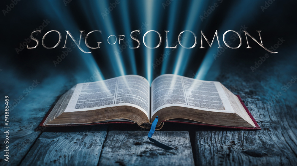 The book of Song of Solomon. Open bible with blue glowing rays of light ...