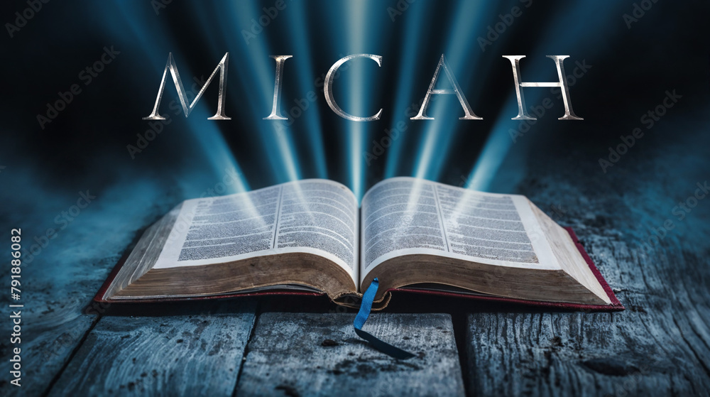 The book of Micah. Open bible with blue glowing rays of light. On a ...