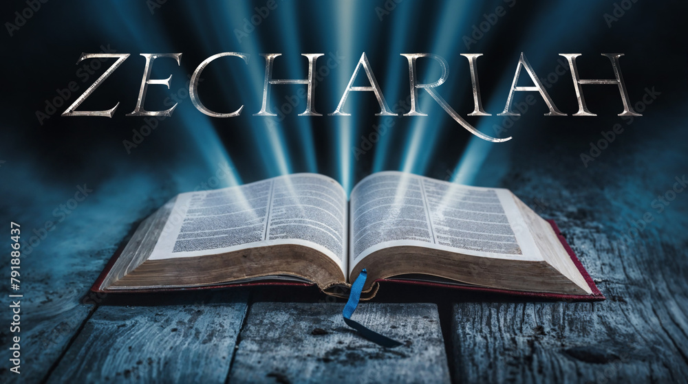 The book of Zechariah. Open bible with blue glowing rays of light. On a ...