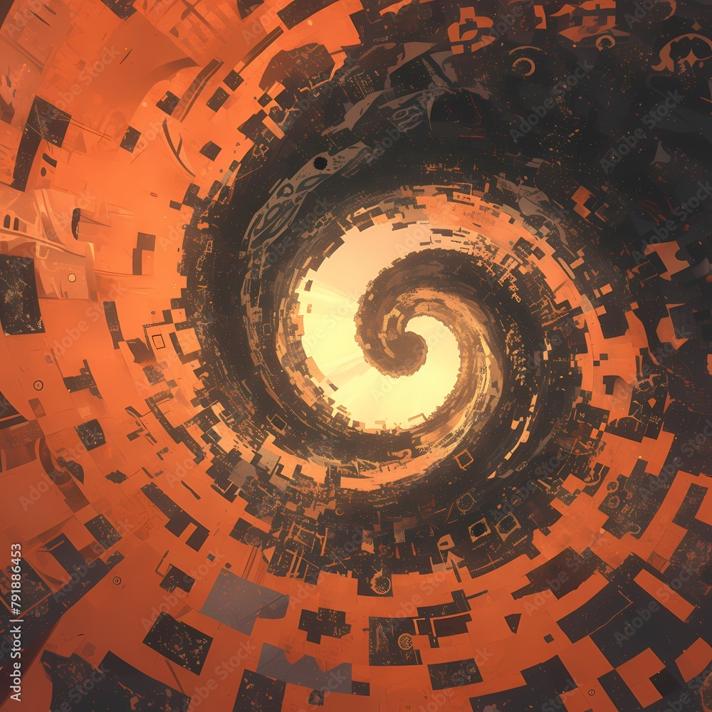 Immerse in a mesmerizing abstract spiral of pixel dust, an intricate ...