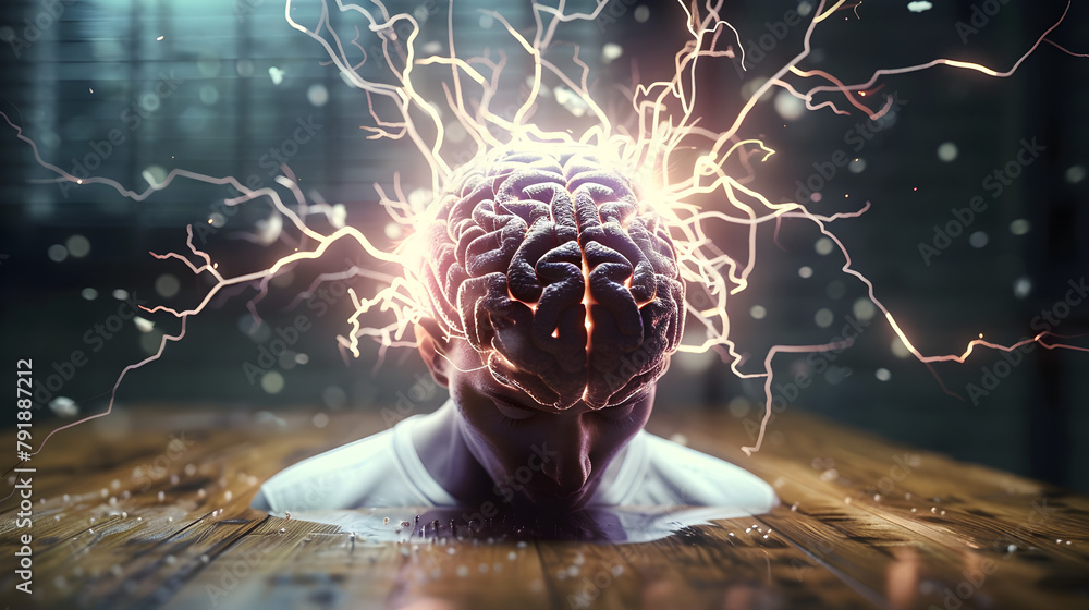 Digitally rendered brain with electric shocks representing brain ...
