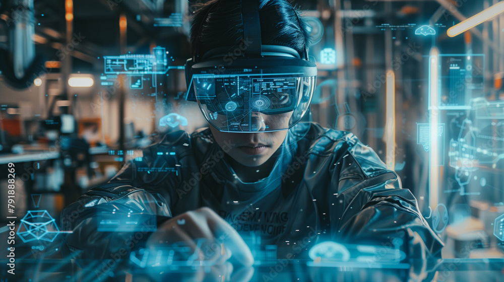 Within the confines of a high-tech workshop, an engineer dons a headset ...